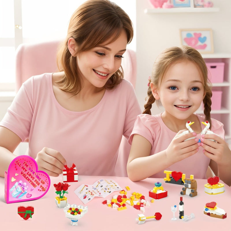 24PCS Kids' Valentines Flower & Heart Building Blocks with Heart Boxes ...