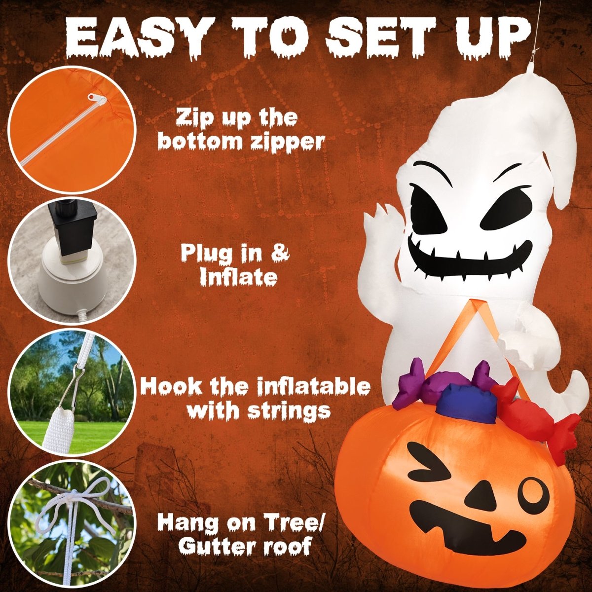 5ft. Inflatable Ghost Holding Trick or Treat Bag | PopFun