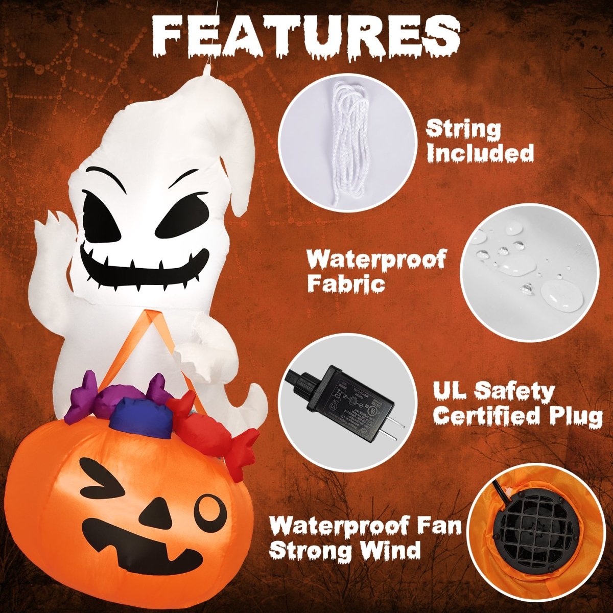 5ft. Inflatable Ghost Holding Trick or Treat Bag | PopFun