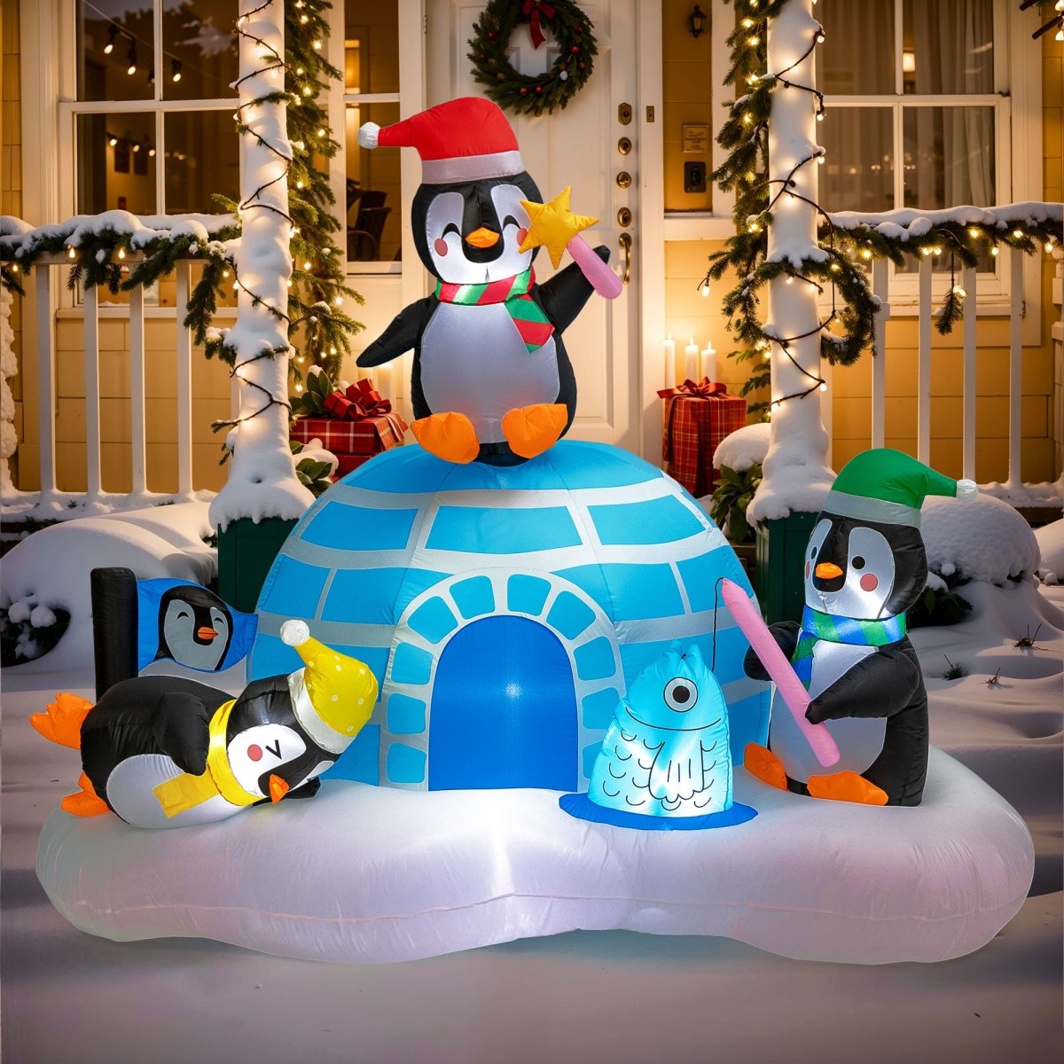 6FT Inflatable Christmas Penguin with Igloo & LED Lights | PopFun