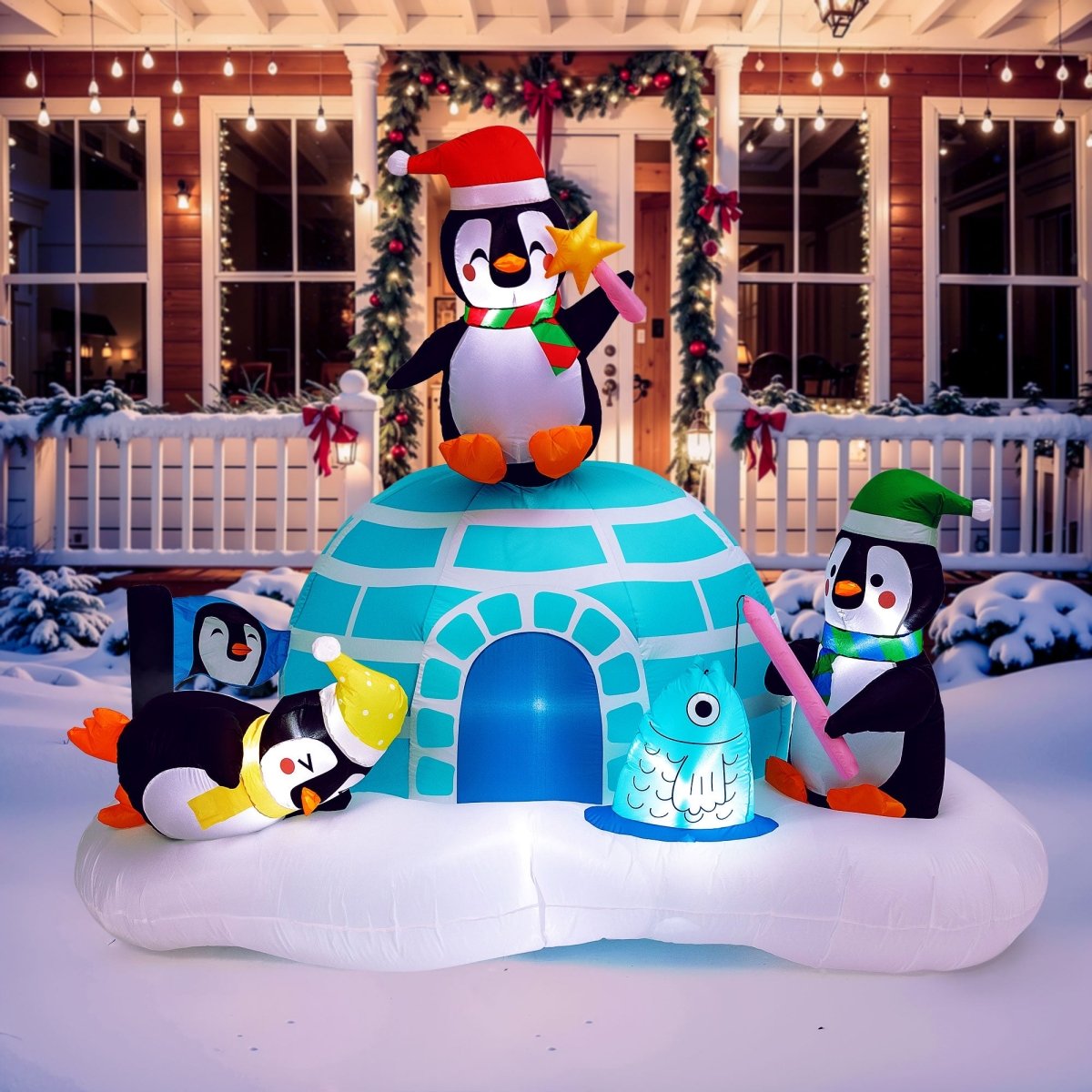 6FT Inflatable Christmas Penguin with Igloo & LED Lights | PopFun