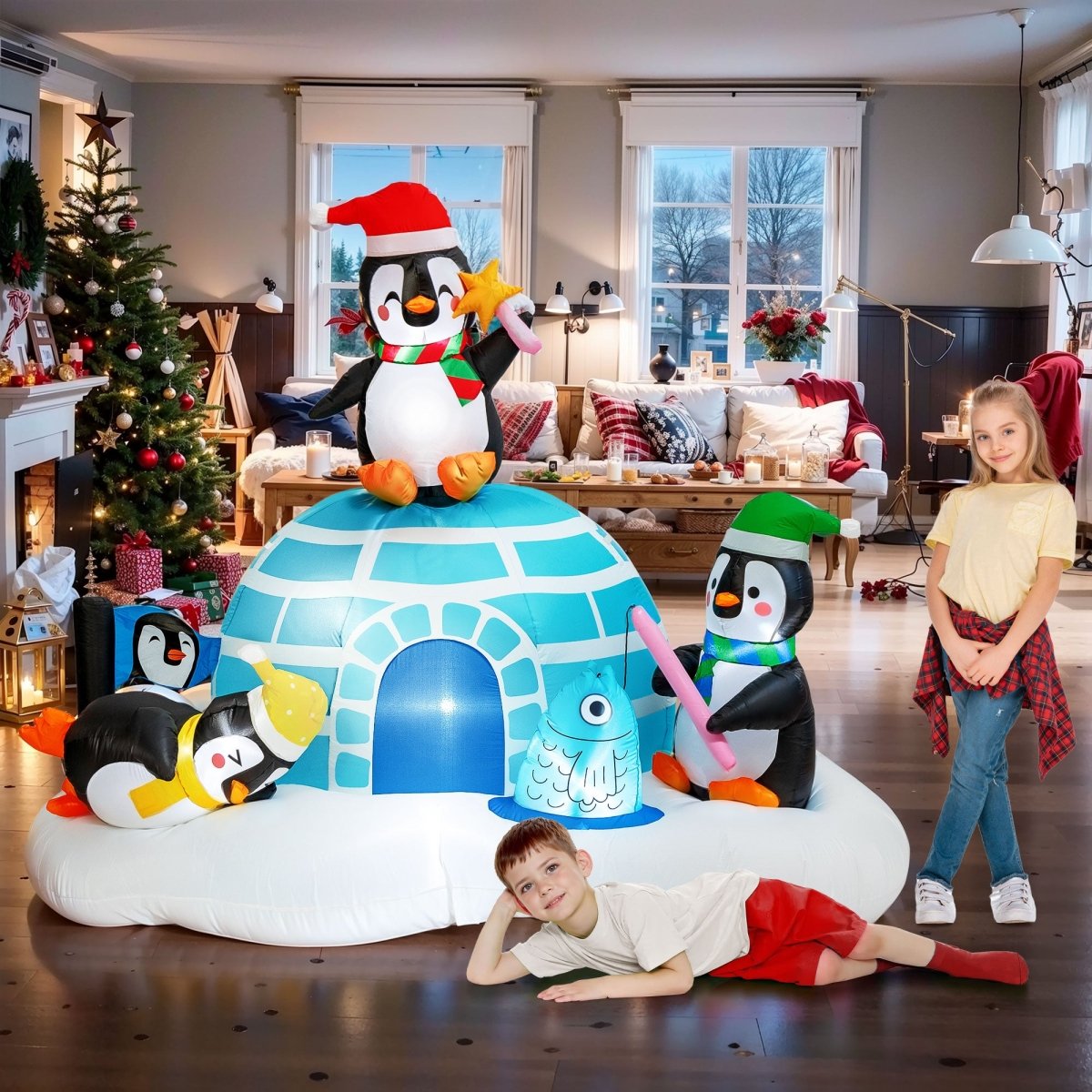 6FT Inflatable Christmas Penguin with Igloo & LED Lights | PopFun
