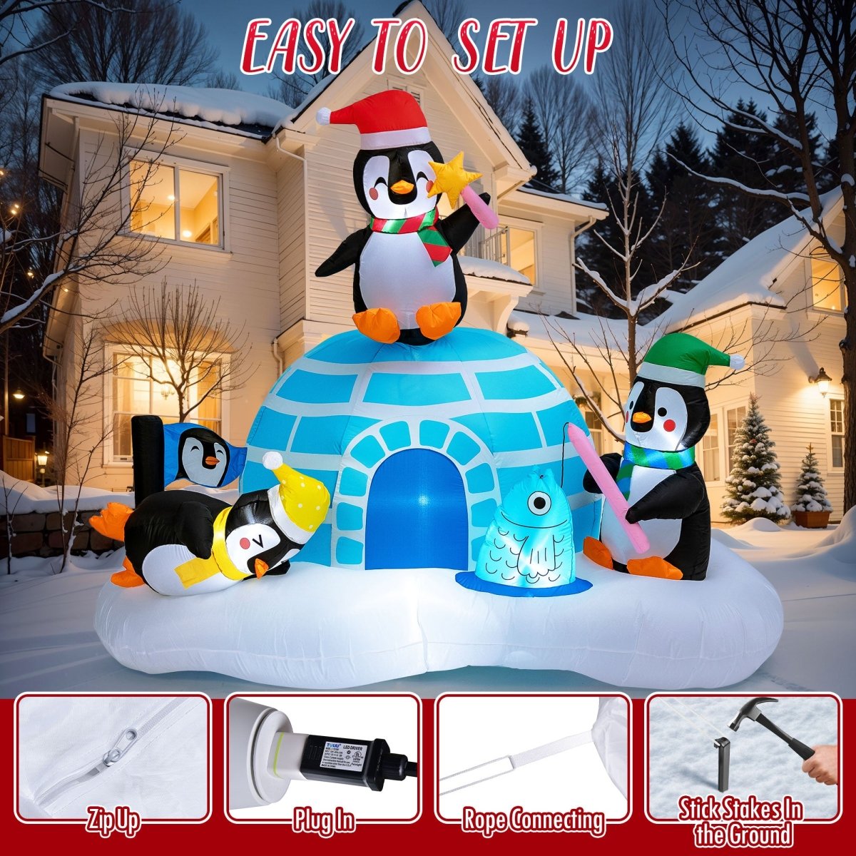 6FT Inflatable Christmas Penguin with Igloo & LED Lights | PopFun